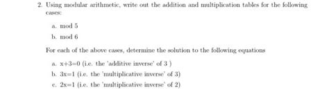 solved 2 using modular arithmetic write out the addition