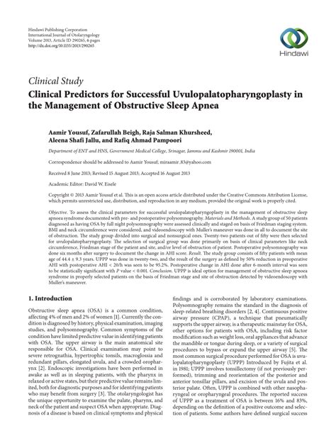 Pdf Clinical Predictors For Successful Uvulopalatopharyngoplasty In The Management Of