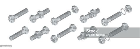 흰색 배경에 격리 된 등색 벡터 일러스트 스틸 볼트와 육각 너트 사실적인 스테인레스 스틸 볼트와 너트 아이콘 등등 측정 나사 너트와 볼트 세트 너트에 대한 스톡 벡터 아트
