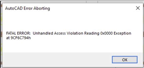fatal error unhandled access violation reading 0x0000 exception at
