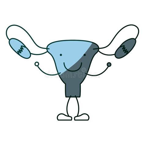 Blue Color Shading Hand Drawing Contour Caricature Female Reproductive System Stock Vector