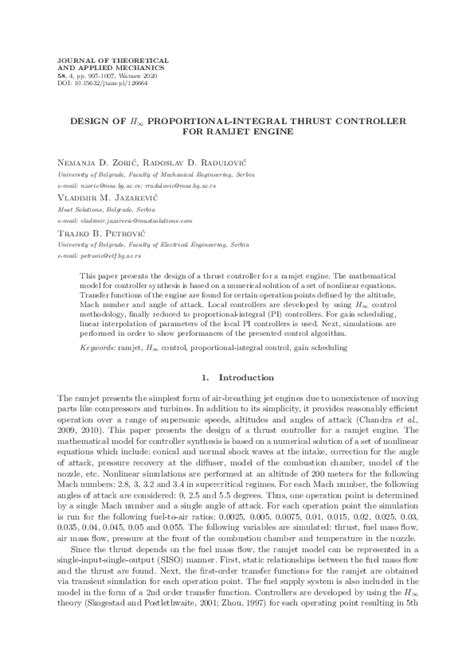Pdf Design Of H∞ Proportional Integral Thrust Controller For Ramjet Engine