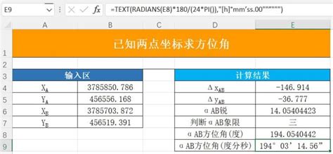 Excel测量公式分享：已知两点坐标求方位角 【学测量】零基础懂测量