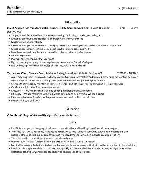 Client Service Coordinator Resume Samples Velvet Jobs