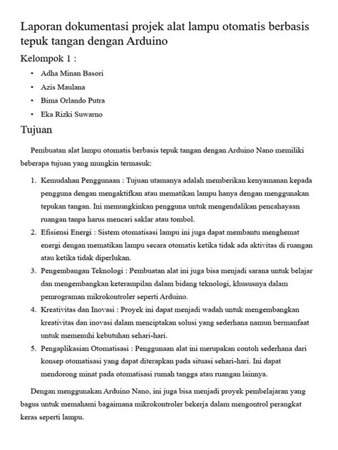 Laporan Dokumentasi Projek Alat Lampu Otomatis Berbasis Tepuk Tangan Dengan Arduino Kelompok 1 Pdf