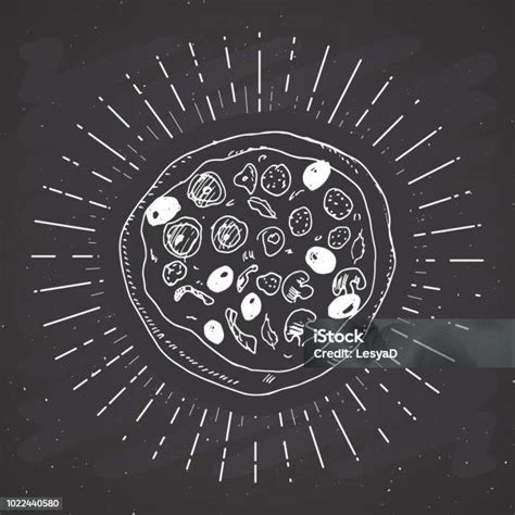 피자 빈티지 라벨 손으로 그린된 스케치 그런 지 질감된 복고풍 배지 인쇄 술 디자인 T셔츠 인쇄 칠판 배경 그림을 벡터 피자에 대한 스톡 벡터 아트 및 기타 이미지 Istock