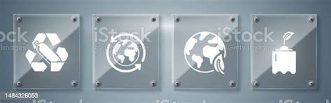 병 지구 지구본과 잎 행성 지구 재활용 및 재활용 플라스틱 병에 새싹을 넣으십시오 정사각형 유리 패널 벡터 0명에 대한 스톡