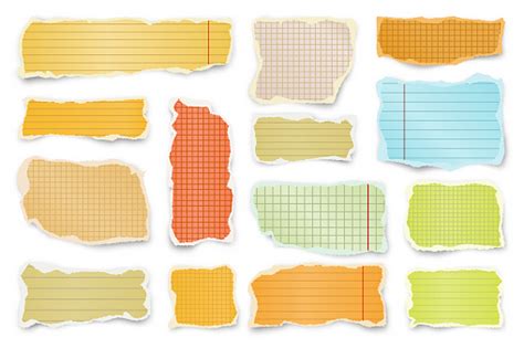 찢어진 다채로운 종이 스트립 찢어진 가장자리가있는 현실적인 구겨진 종이 스크랩 노트북 페이지의 줄 지어 조각 벡터 일러스트레이션 0명에 대한 스톡 벡터 아트 및 기타 이미지