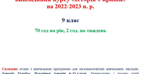 Календарно тематичне планування Історія України 9 клас 70 год на тиждень 2 год на рік