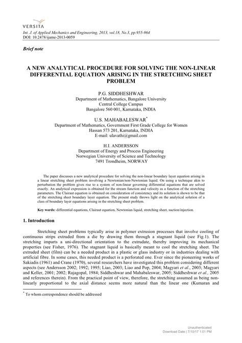 Pdf A New Analytical Procedure For Solving The Non Linear