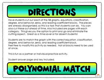POLYNOMIAL GRAPH MATCH STANDARD FORM ACTIVITY Cut Paste Eq Classify Deg Lc