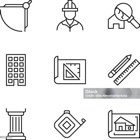 선 스타일로 그려진 벡터 격리 표지판 모음입니다 편집 가능한 획 나침반 건축업자 건설 기둥 측정 테이프의 아이콘 강철에 대한