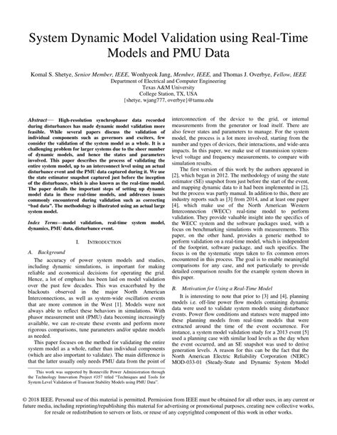 Pdf System Dynamic Model Validation Using Real Time Models And Pmu Data