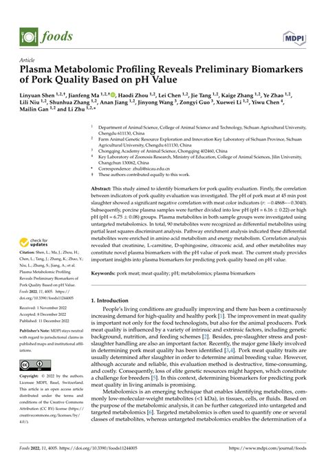 Pdf Plasma Metabolomic Profiling Reveals Preliminary Biomarkers Of Pork Quality Based On Ph Value
