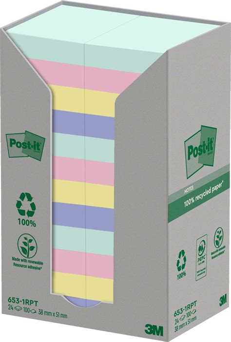 3m Post It Recycled Mix Colors 38 X 51 Mm 100 Ark 24 Pack