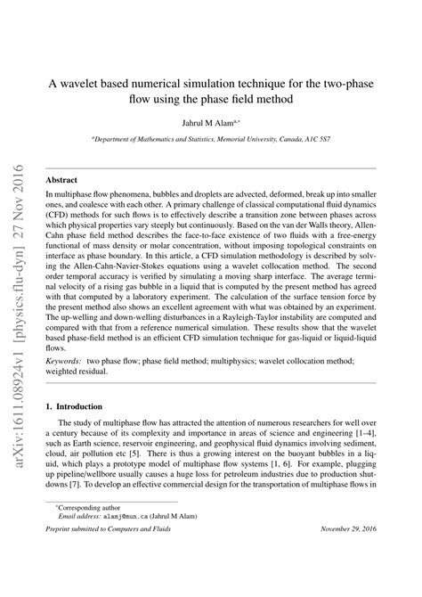 Pdf A Wavelet Based Numerical Simulation Technique For The Two Phase Flow Using The Phase