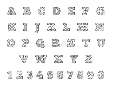 Black And White Thin Line Font Linear Alphabet With Different Patterns