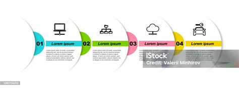 세트 컴퓨터 네트워크 폴더 트리 네트워크 클라우드 연결 및 렌터카를 설정합니다 비즈니스 인포그래픽 템플릿입니다 벡터 인포그래픽에