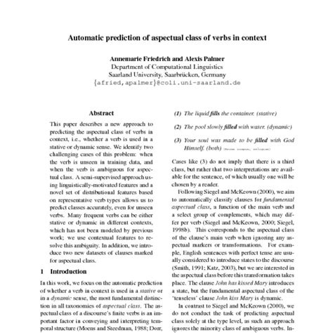 Automatic Prediction Of Aspectual Class Of Verbs In Context Acl Anthology