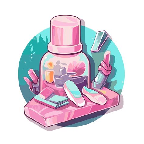 그림은 다양한 클립 아트를 포함하는 분홍색 병을 보여줍니다 벡터 일러스트 벡터 일러스트 고립 된 만화 네일 살롱 스티커 디자인 상표 Png 일러스트 및 벡터 에 대한