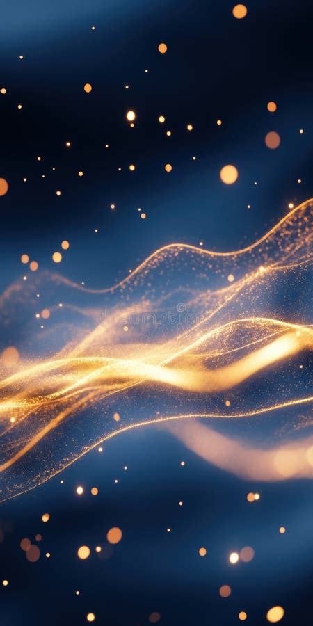 Abstract Golden Waveforms With Glowing Particles On A Deep Blue