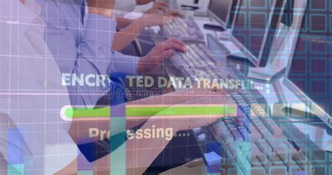 Image Of Data Processing And Encrypted Data Over Hands Of Diverse Call Center Workers Stock