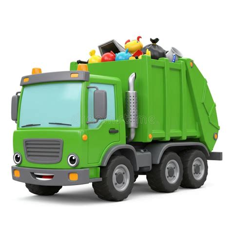 A Cartoon Style Green Garbage Truck With A Smiling Face And Large