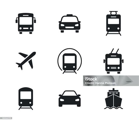 전송 아이콘이 설정되었습니다 자동차 버스 기차 배 비행기 택시 지하철 트램 및 트롤리 버스 대중 여행 및 배달 운송 아이콘입니다 벡터 그림입니다 아이콘에 대한 스톡 벡터