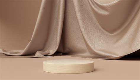 프리미엄 연단과 천 우아한 플랫폼 베이지 색 파스텔 패션 배경 전시회를위한 모형 제품 프리젠 테이션 3d 렌더링 직물 주름 천