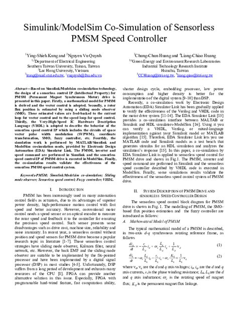 Pdf Simulinkmodelsim Co Simulation Of Sensorless Pmsm Speed Controller