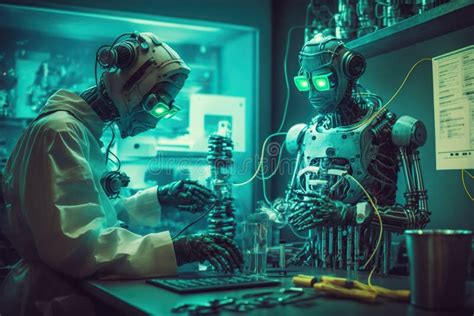 artificial intelligence robot dressed as scientists make an experiment created with generative