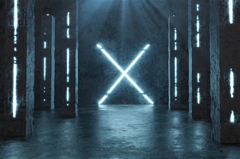 콘크리트 기둥 및 웅덩이와 그런 지 바닥 옆에 파란색 밝게 X 모양의 3d 렌더링 알파벳 X에 대한 스톡 사진 및 기타 이미지 알파벳 X 네온 가정의 방 Istock