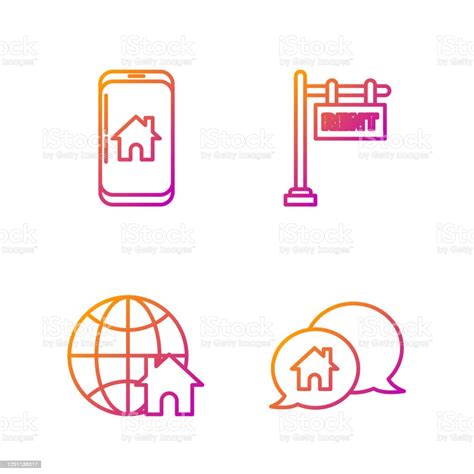 음성 거품에 라인 하우스 건물을 설정 집 기호 글로브 스마트 홈과 매달려 기호와 매달려 기호 그라데이션 색상 아이콘입니다 벡터 개념에 대한 스톡 벡터 아트 및 기타 이미지