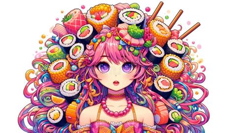 Photo Of An Anime Style Girl Depicted With Sushi Rolls Stock
