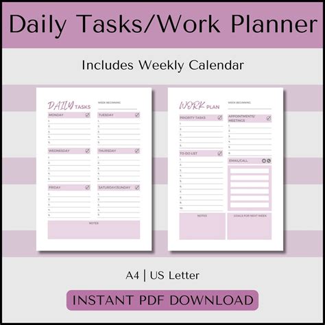 Daily Tasks Sheet Daily Work Planner Weekly Calendar Etsy