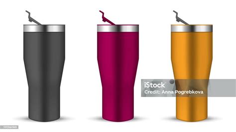 오픈 푸시 인 뚜껑텀블러 컵 사실적인 벡터 모형 물병 컬러 모형 세트 흰색 배경 템플릿에 격리 된 여행 열 머그잔 커피잔에 대한 스톡 벡터 아트 및 기타 이미지 Istock