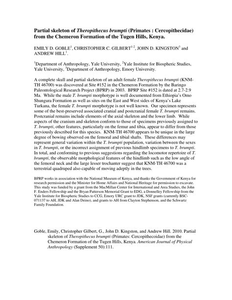 Pdf Partial Skeleton Of Theropithecus Brumpti Primates