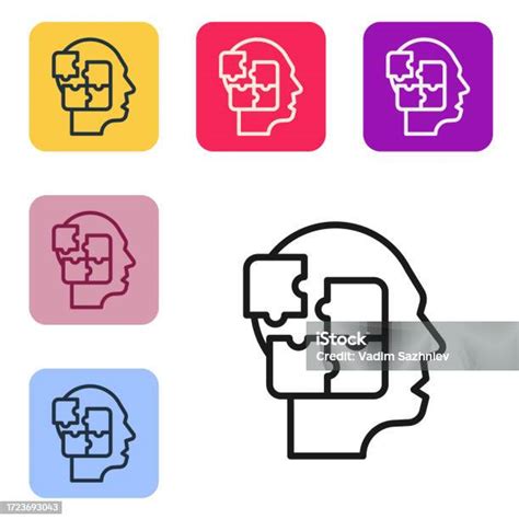 검은 선 인간의 머리 퍼즐 전략 아이콘은 흰색 배경에 분리되어 있습니다 생각하는 뇌 기호 뇌의 상징 작품 색상 사각형 버튼으로 아이콘을 설정합니다 벡터 Mental