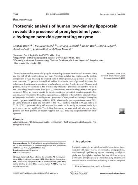 Pdf Proteomic Analysis Of Human Low Density Lipoprotein Reveals The
