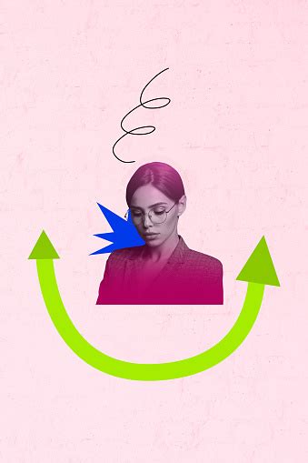 트렌드 아트웍 콜라주 템플릿 Portrtait 안경 젊은 숙녀 모델 포즈 화살표 두 가지 다른 Dirction 기업가 직업 고용 공석 20 24세에 대한 스톡 사진 및 기타