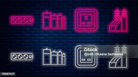 설정 라인 배터리 전기 콘센트 전기 확장 코드 및 원자력 발전소 벽돌 벽에 빛나는 네온 아이콘입니다 벡터 0명에 대한 스톡 벡터 아트 및 기타 이미지 Istock