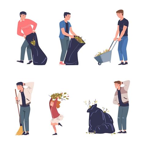 Premium Vector People Volunteers Cleaning Picking Up Garbage And