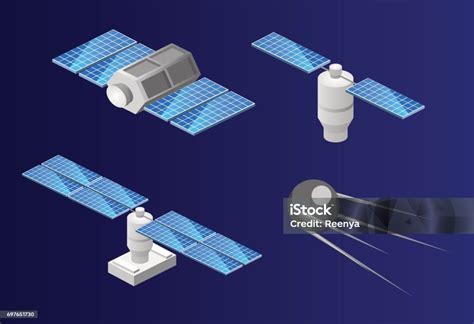등각 투영 평면 3d 공간 Gps 위성 고립 위성 무선 기술입니다 위성 우주선에 대한 스톡 벡터 아트 및 기타 이미지 위성