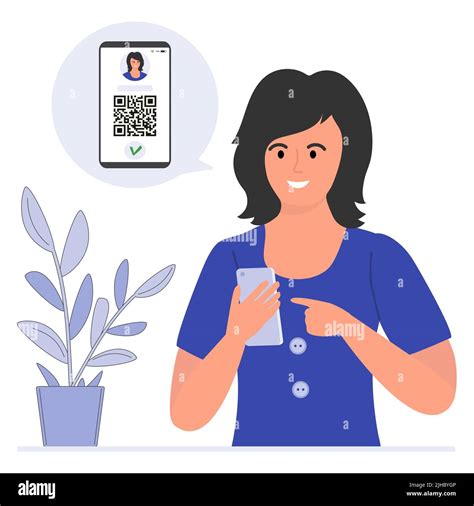 Vector Illustration Woman Uses Cell Phone App To Scan QR Code Barcode Reader Cashless