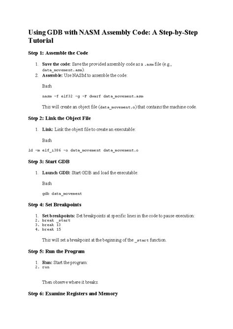 T6 Gdb Tutorial For Nasm Assembly Code Execution Steps Studocu