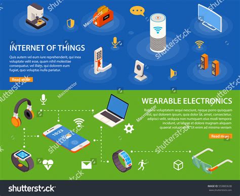 อุปกรณ์อิเล็กทรอนิกส์ที่สวมใส่ได้และอินเทอร์เน็ตของสิ่ง Iot 2 แบนเนอร์อินโฟกราฟิกที่มีมิติ