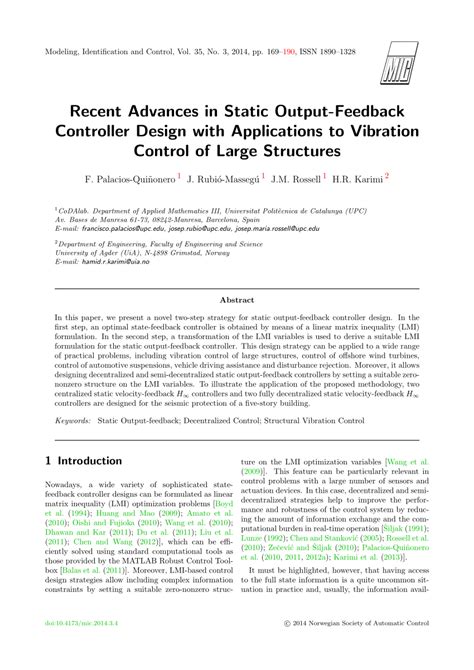 PDF Recent Advances In Static Output Feedback Controller Design With Applications To Vibration
