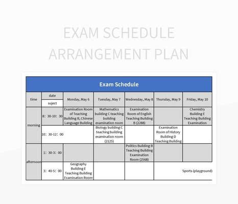 Exam Schedule Arrangement Plan Excel Template And Google Sheets File For Free Download Slidesdocs