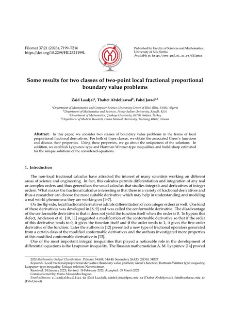 Pdf Some Results For Two Classes Of Two Point Local Fractional Proportional Boundary Value