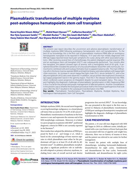 Pdf Plasmablastic Transformation Of Multiple Myeloma Post Autologous Hematopoietic Stem Cell